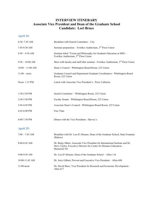 INTERVIEW ITINERARY Associate Vice President and Dean of the ...