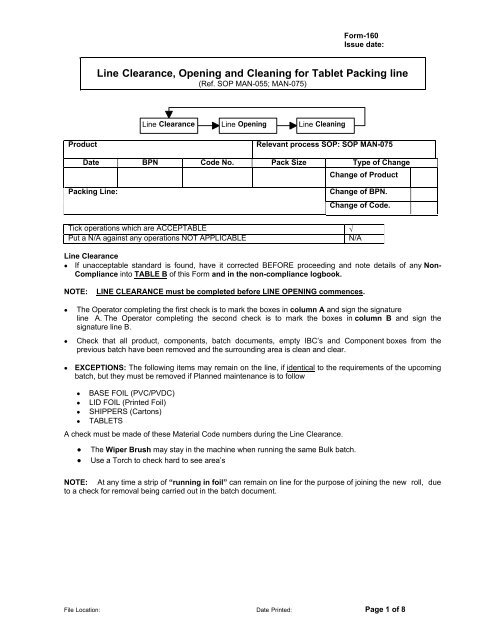 Line Clearance, Opening and Cleaning for Tablet Packing line