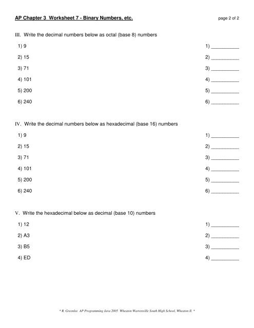 AP Chapter 3 Worksheet 7 - Binary Numbers, etc. III. Write the ...
