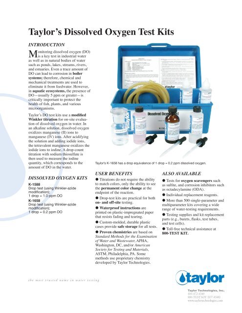 Taylor's Dissolved Oxygen Test Kits - Taylor Technologies Taylor's Dissolved Oxygen Test Kits - Taylor Technologies