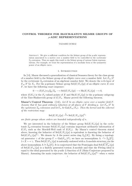 CONTROL THEOREM FOR BLOCH-KATO'S SELMER GROUPS OF ...
