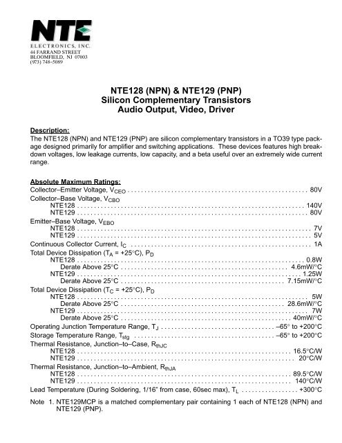NTE128 (NPN) & NTE129 (PNP) Silicon Complementary Transistors ...