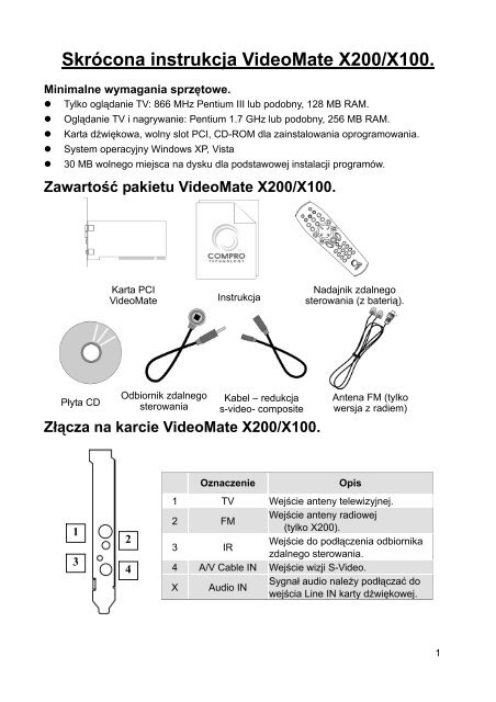 SkrÃƒÂ³cona instrukcja VideoMate X200/X100. - Compro