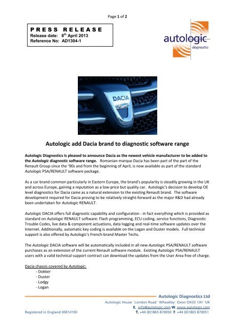 Autologic add Dacia brand to diagnostic software range
