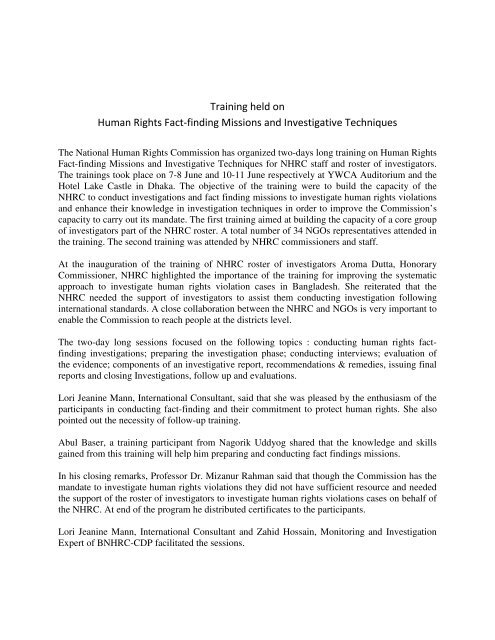 Training held on Human Rights Fact-finding Missions and ... Training held on Human Rights Fact-finding Missions and ...