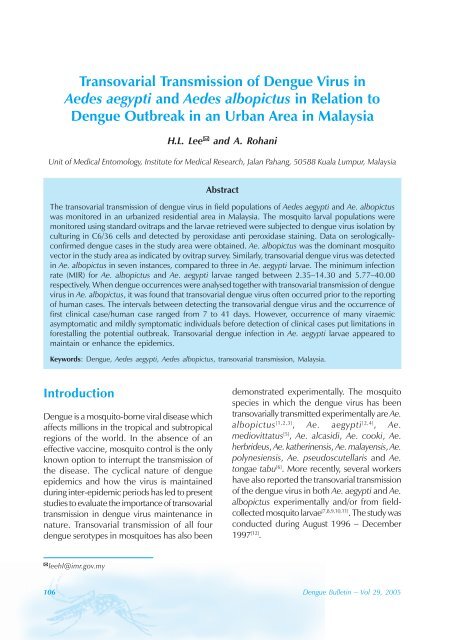 Transovarial Transmission of Dengue Virus in Aedes aegypti and ...