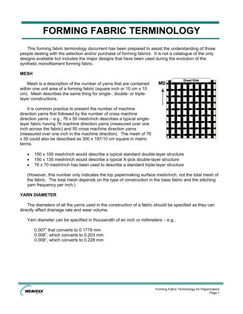 FORMING FABRIC TERMINOLOGY
