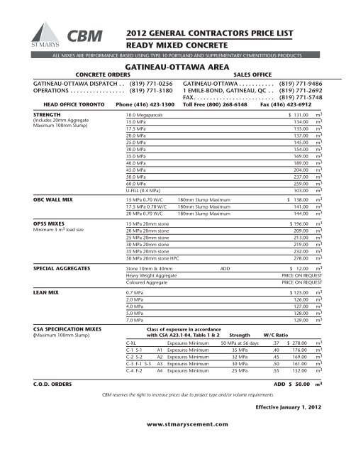 2012 general contractors price list ready mixed concrete