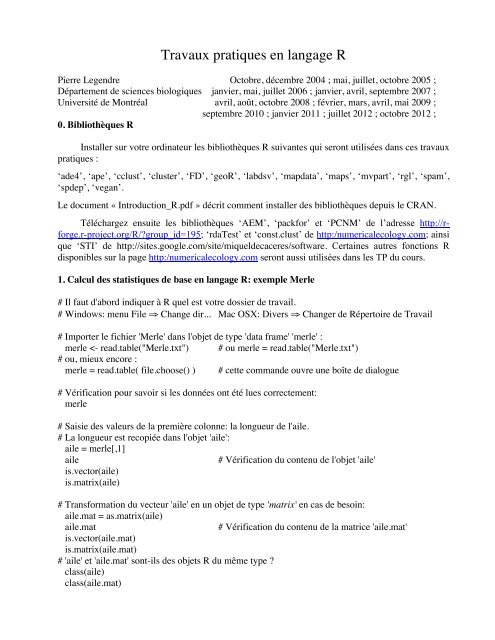 Travaux pratiques en langage R - Laboratoire de Pierre Legendre