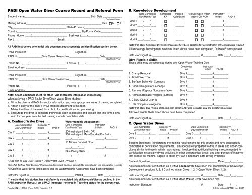 PADI Open Water Referral Form - South Beach Divers