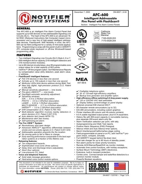 AFC-600 Addressable, Intelligent Fire Alarm Control Panel - Notifier