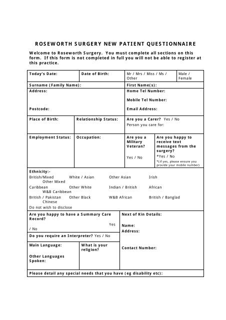 ROSEWORTH SURGERY NEW PATIENT QUESTIONNAIRE