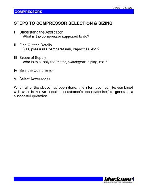 STEPS TO COMPRESSOR SELECTION & SIZING