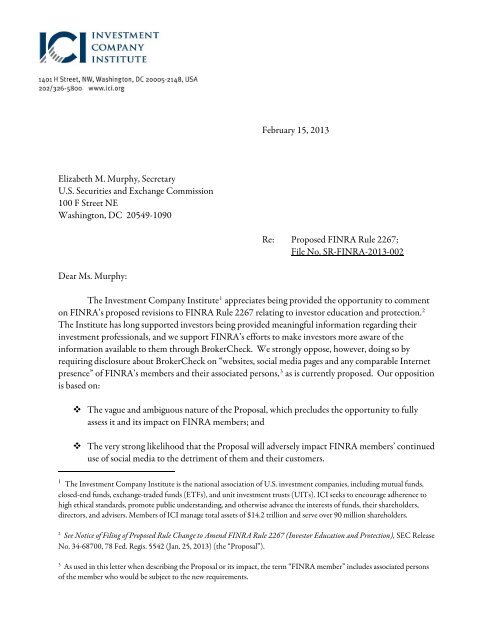 Institute Files Comment Letter Opposing FINRA Proposal to Require ...
