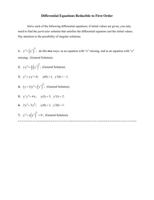 Differential Equations Reducible to First Order: Exercises with Answers Differential Equations Reducible to First Order: Exercises with Answers
