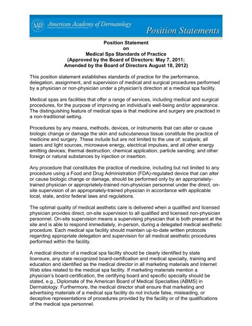 Position Statement on Medical Spa Standards of Practice - American ...