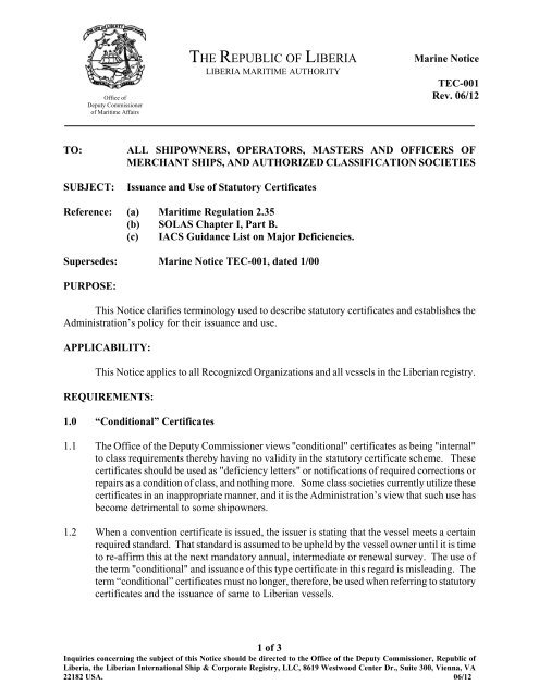 Issuance and Use of Statutory Certificates. - liscr