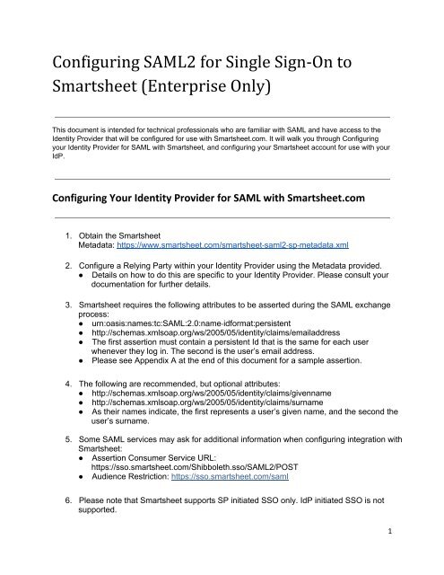 Configuring SAML2 for Single Sign-On to Smartsheet (Enterprise Only)