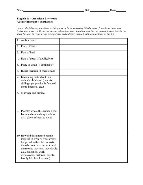 Author Biography Worksheet pdf Author Biography Worksheet pdf