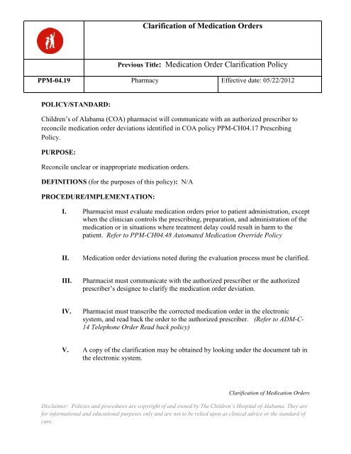 Medication Order Clarification Policy - Children's of Alabama