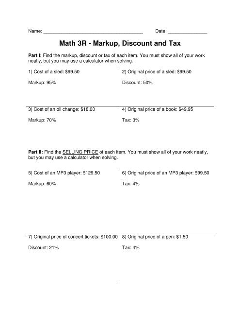 Math 3R - Markup, Discount and Tax