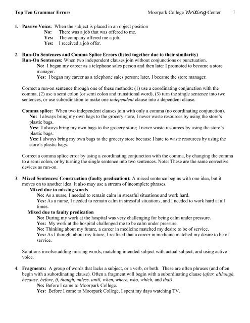 Top 10 Grammar Errors...and how to fix them - Moorpark College