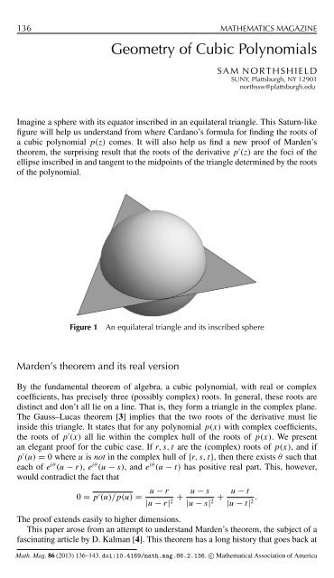 Geometry of Cubic Polynomials - IngentaConnect