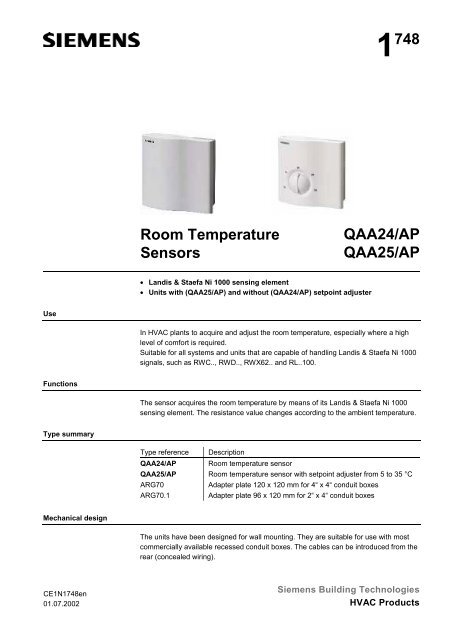 1748 Room Temperature Sensors QAA24/AP QAA25/AP