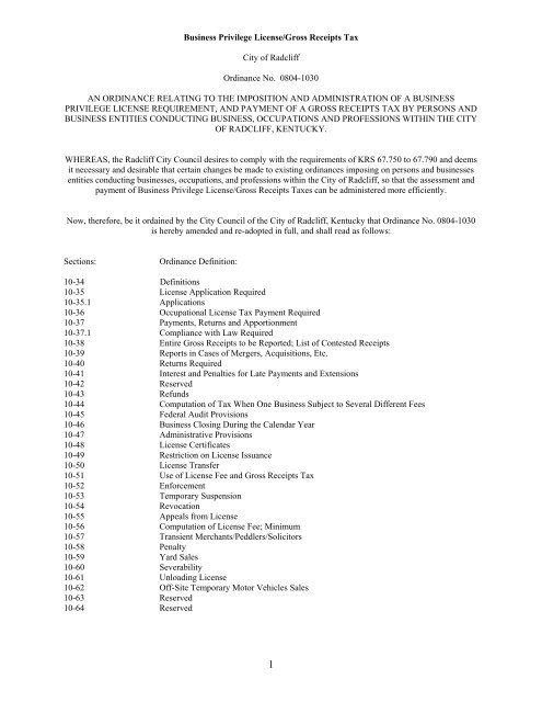 Business Privilege License/Gross Receipts Tax City of Radcliff ...