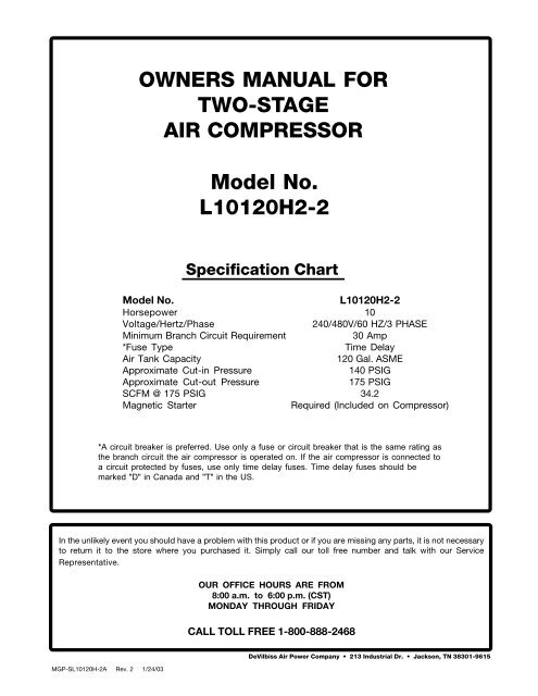OWNERS MANUAL FOR TWO-STAGE AIR COMPRESSOR Model ...