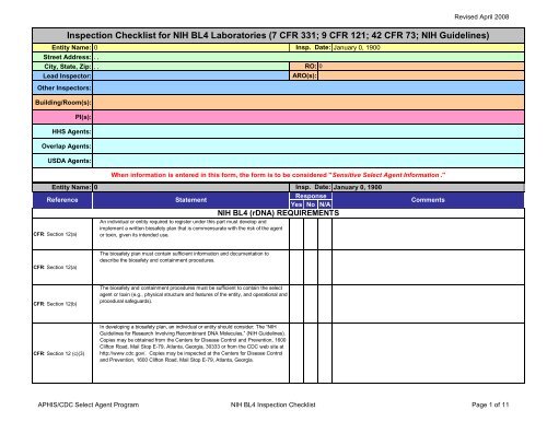 Inspection Checklist for NIH BL4 Laboratories (7 CFR ... - CiteSeerX