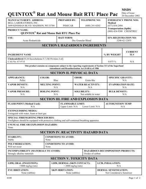 QUINTOX Rat And Mouse Bait RTU Place Pac - Label