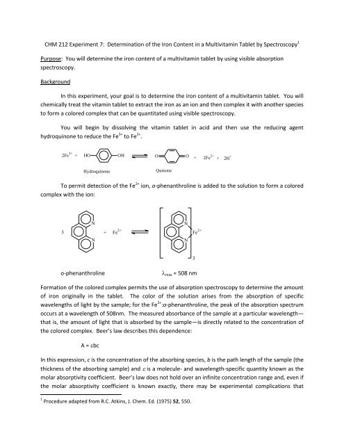 CHM 212 Experiment 7: Determination of the Iron Content in a ...