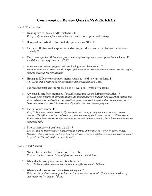 Contraception Review Quiz (ANSWER KEY) - Sexuality Education ...