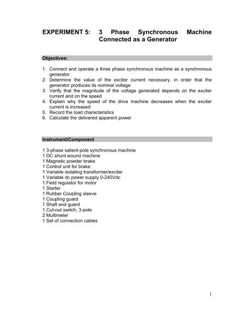 EXPERIMENT 5: 3 Phase Synchronous Machine Connected as a ...