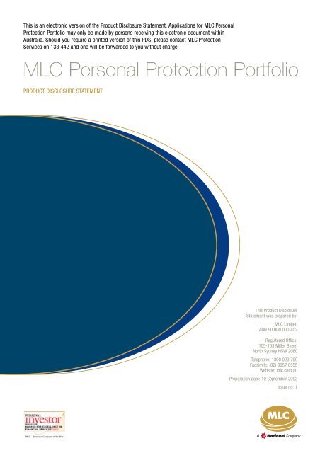 MLC Personal Protection Portfolio PDS No1 100903 - riskinfo