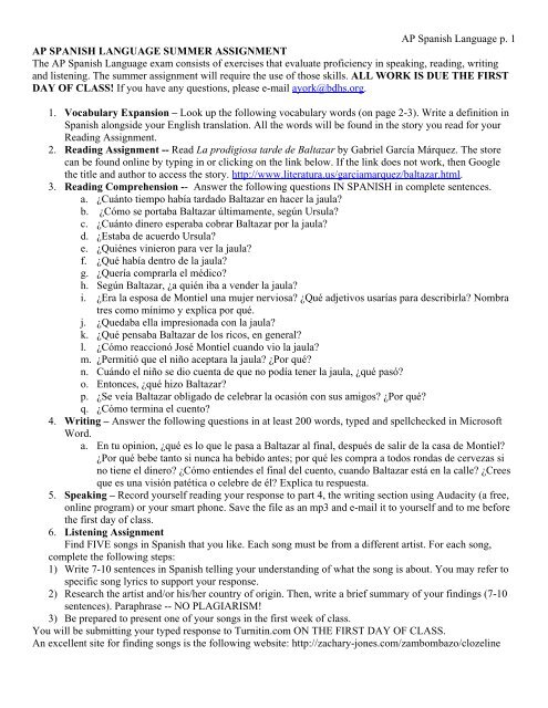 AP Spanish Language p. 1 AP SPANISH LANGUAGE SUMMER ...