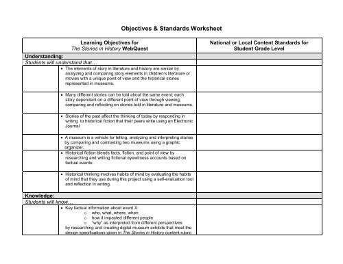 Objectives & Standards Worksheet - QuestGarden.com