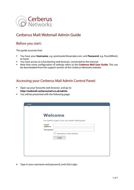 Cerberus Mail: Webmail Admin Guide - Cerberus Networks Ltd.