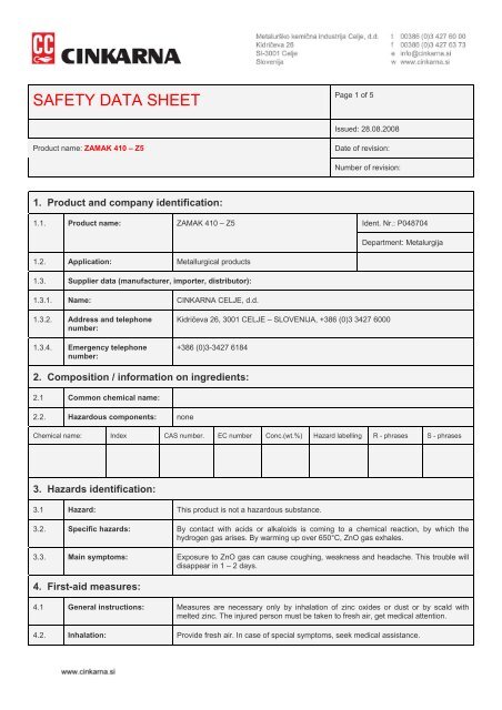 Safety Data Sheet Zamak 410 - Cinkarna Celje