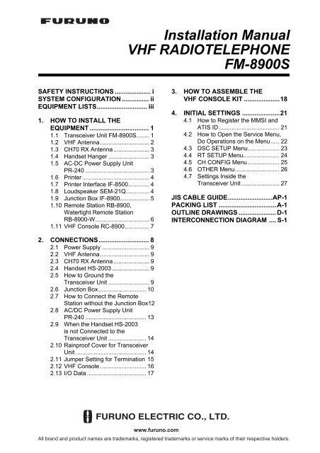 Installation Manual VHF RADIOTELEPHONE FM-8900S - Furuno USA