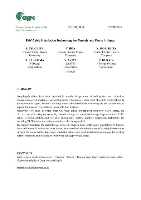 EHV Cable Installation Technology for Tunnels and Ducts in ... - Cigre
