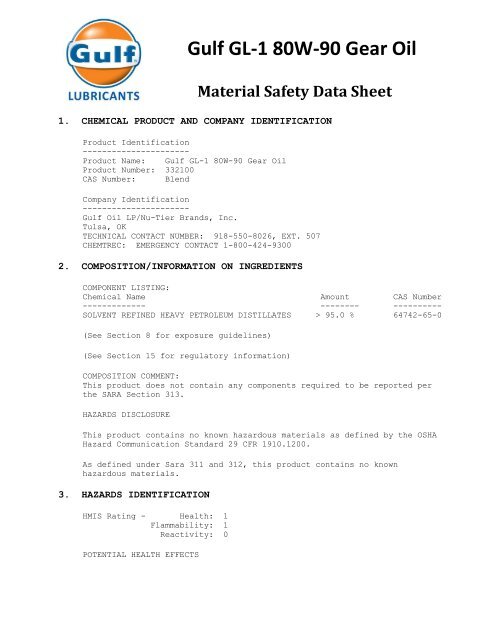 Material Safety Data Sheet Gulf GL-1 80W-90 Gear Oil
