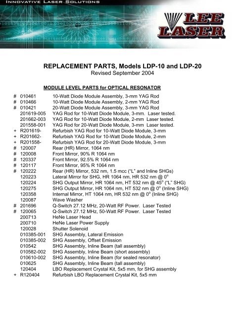 REPLACEMENT PARTS, Models LDP-10 and LDP ... - Lee Laser, Inc.