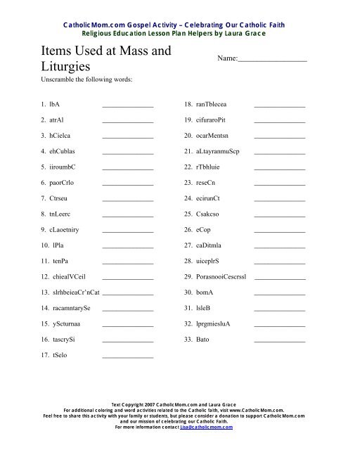 Items Used at Mass and Liturgies word scramble - Catholic Mom