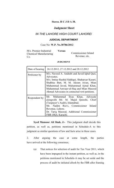 Judgment Sheet IN THE LAHORE HIGH COURT LAHORE/