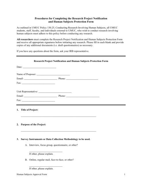 Research Project Notification and Human Subjects Protection Form