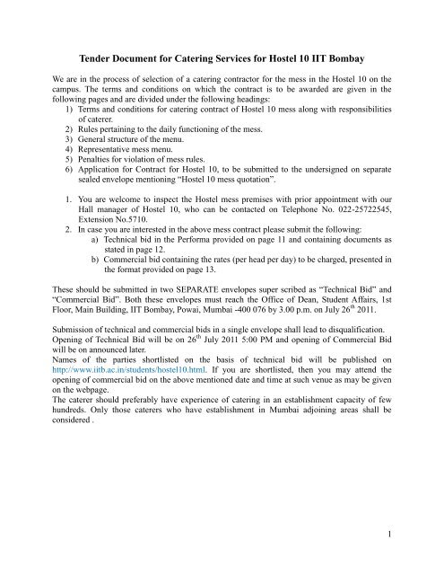 Tender Document for Catering Services for Hostel 10 IIT Bombay