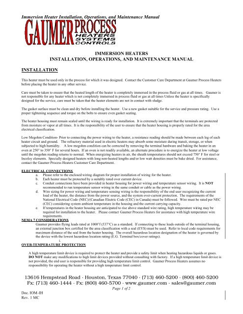 Gaumer Immersion Heater Installation and Operation Manual