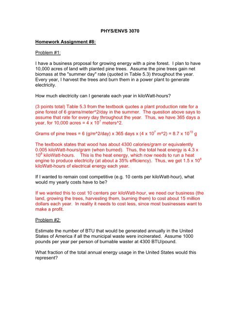 PHYS/ENVS 3070 Homework Assignment #8: Problem #1: I have a ...